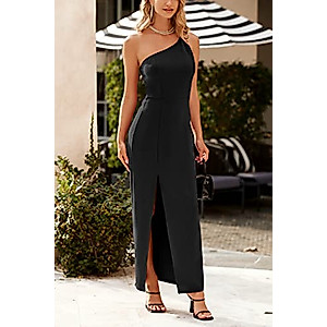PRETTYGARDEN Women's Summer Formal Wedding Guest Dresses One Shoulder Spaghetti Strap High Slit Maxi Bodycon Dress (Black,Large)