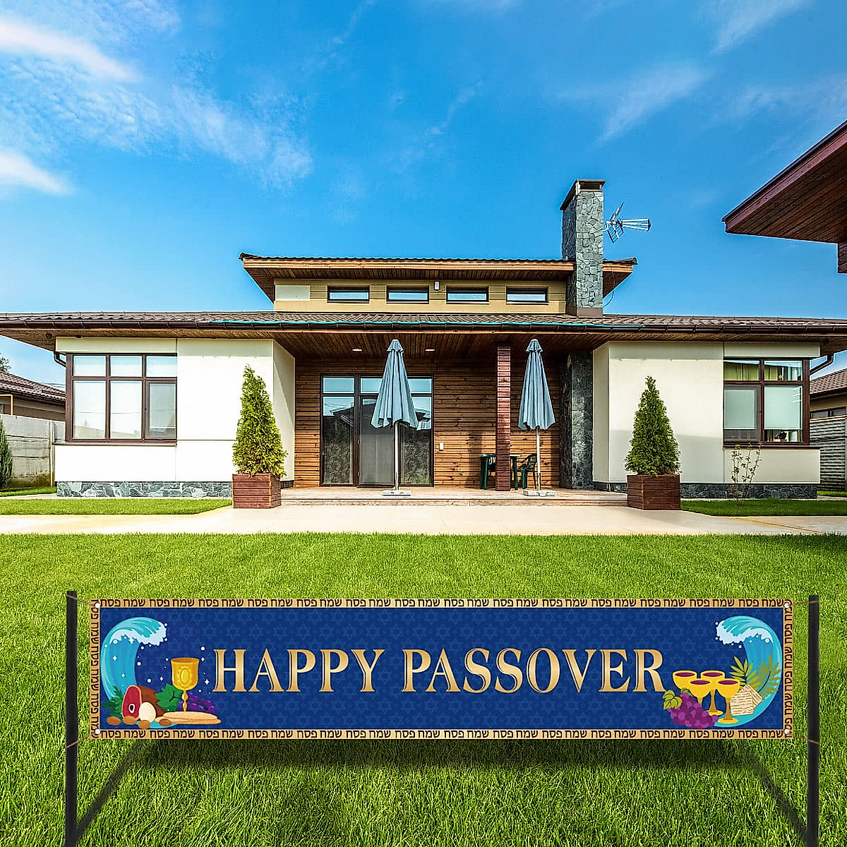 Happy Passover Fence Banner Jewish Pesach Seder Party Yard Porch Sign Indoor Outdoor Decoration Photo Booth Backdrop