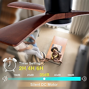 HUMHOLD 52" Wood Ceiling Fan with Lights Remote, Reversible DC Motor 6-Speed Ceiling Fan, 3 Blades Low Profile Flush Mount Ceiling Fans, Modern Ceilingfans for Low Profile, Walnut and Matte Black