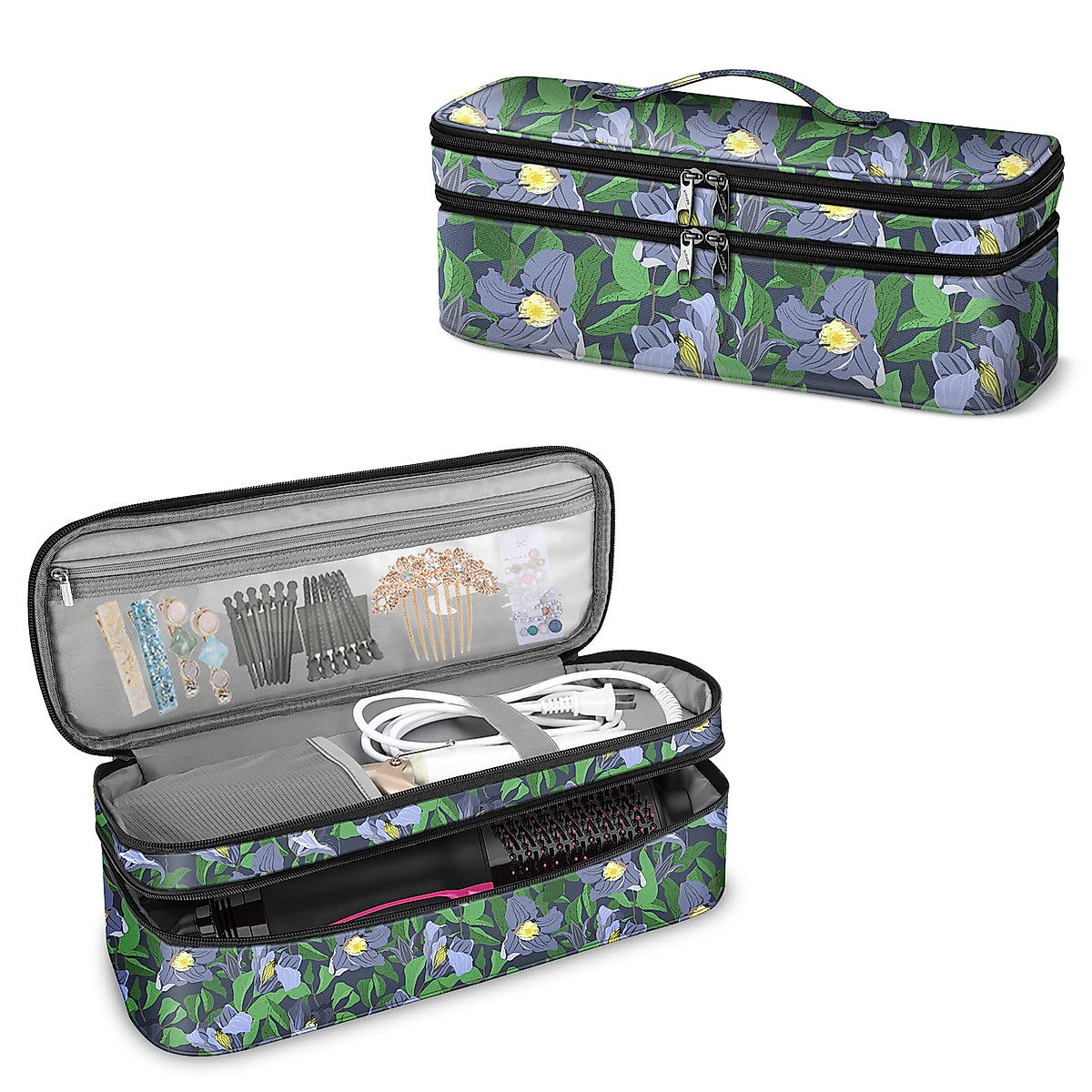 SITHON Double-Layer Travel Carrying Case for Shark FlexStyle/SmoothStyle, Water Resistant Storage Organizer Bag for Airwrap Styler, Also for Revlon One-Step Hair Dryer (Bag Only) (Blue Floral)