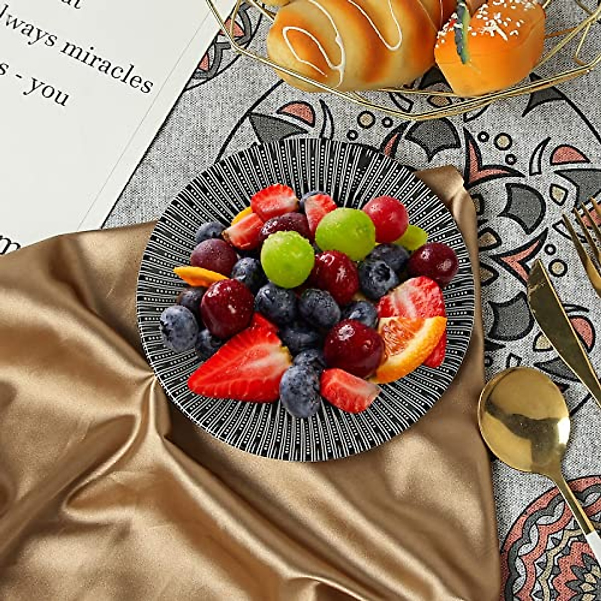 YUYHQCBT 6 Inch Set of 4 Assorted Designs, Porcelain Plates With Patterns,Black Ceramic Dessert Plates, Dishware for Sandwiches Salad Pasta,Microwave Oven Dishwasher Safe