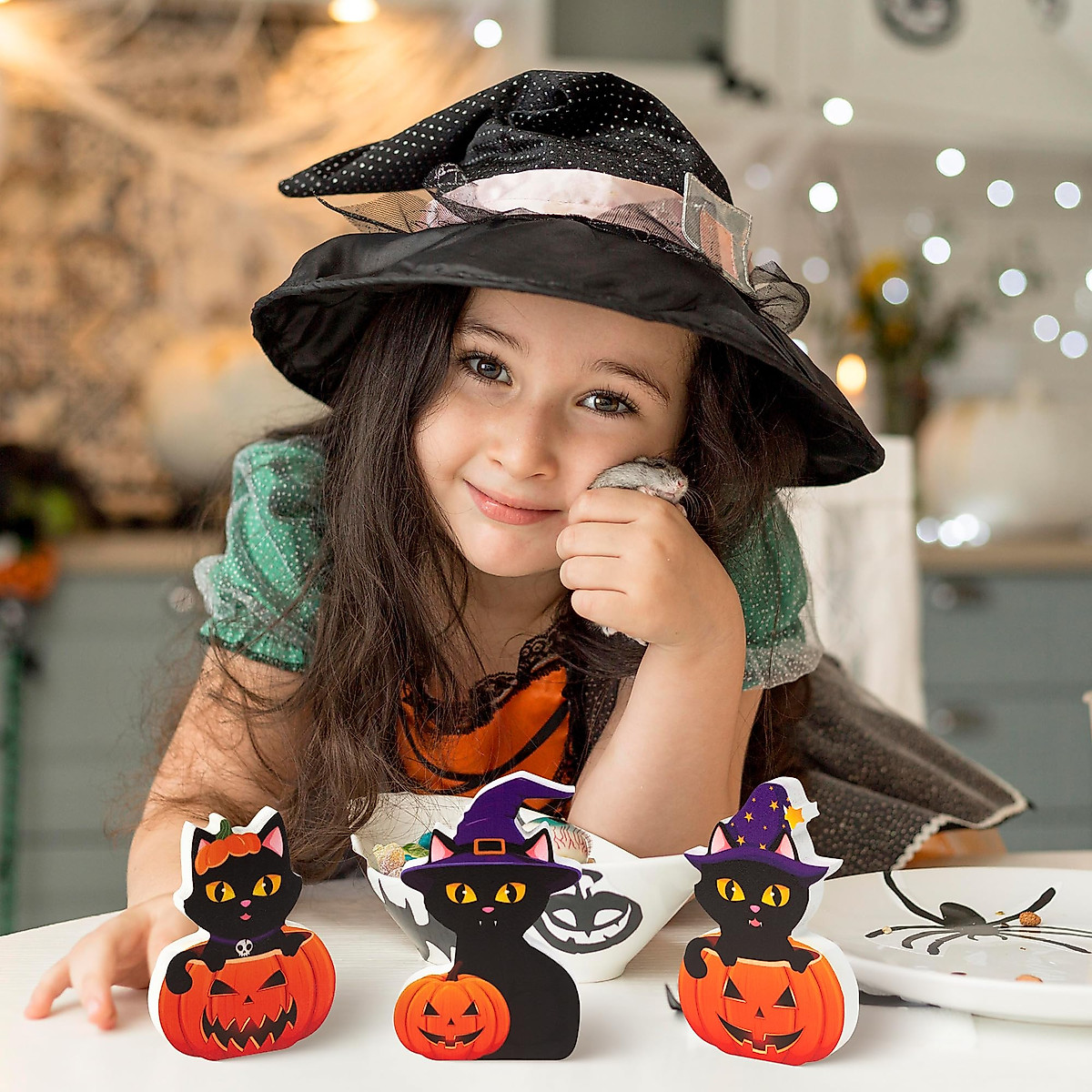 JAPBOR 3Pcs Halloween Wooden Centerpieces Table Decorations, Witch Hat Black Cat Pumpkin Tiered Tray Set Desk Decor, Happy Fall Halloween Party Themed Sign Wood Block Tabletop Décor for Home Kitchen