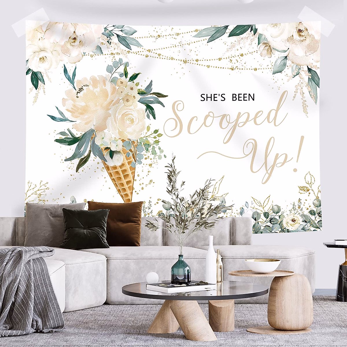 Rsuuinu Ice Cream Bridal Shower Backdrop She's Been Scooped Up White Flowers Green Leaves Photography Background Bridal Shower Party Decorations Cake Table Banner Supplies Photo Booth Props 7x5ft