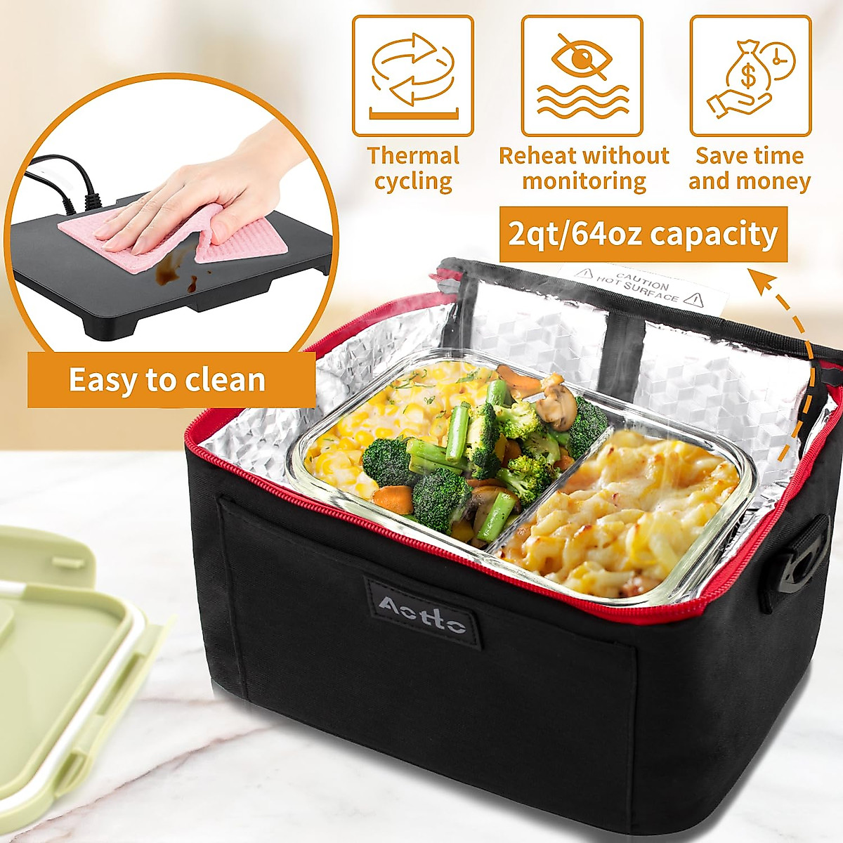 Aotto Portable Oven, 12V, 24V, 110V Food Warmer, Portable Mini Personal Microwave Heated Lunch Box Warmer for Cooking and Reheating Food in Car, Truck, Travel, Camping, Work, Home, Black-Red