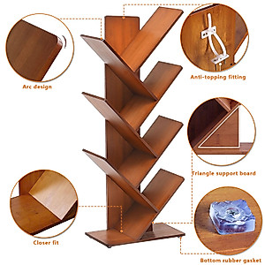 C&AHOME 7-Shelf Tree Bookshelf, Bamboo Wood Bookcase, Book Rack, Storage Rack Shelves in Living Room, Free-Standing Books Holder Organizer, Space Saver for Home, Office, Kid's Room Oak Red 4CSXSJ
