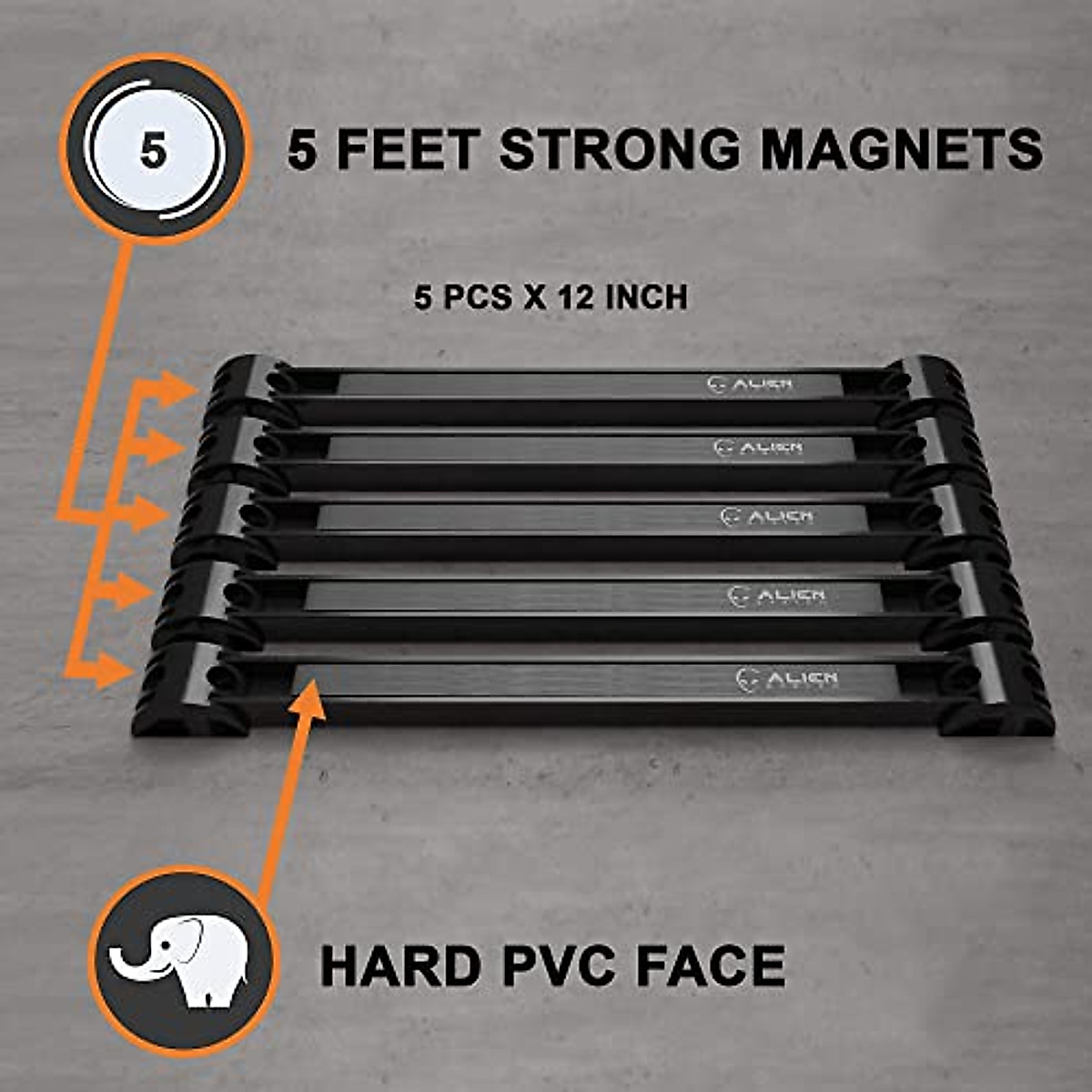 ALIEN SYSTEM Magnetic tool holder strip 5 Pack up to 60" (5x12) + Mop and Broom holder wall mount 3 Pack