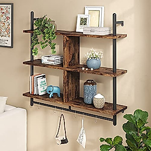 Bestier 41.5" Floating Pipe Shelving 3 Tier Industrial Wall-Mounted Ladder Shelf Hanging with Circular Tube, Wood Display Bookshelf Storage for Living Room Kitchen Balcony, Rustic Brown