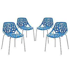 Modway Stencil Modern Stacking Four Kitchen and Dining Room Chairs in Blue