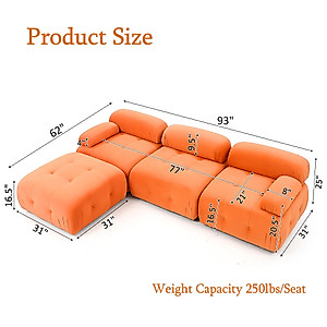 GNIXUU Modular Sectional Sofa, 93" Convertible L-Shaped Couch for Living Room, Modern Button Tufted Cloud Couches with Comfy Armrest, Orange Velvet