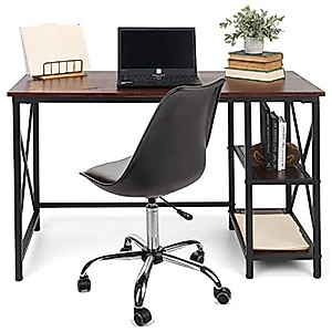 Displays2go Industrial-Style Desk, Two Shelves, Steel X Sides - Dark Wood Tone (FDXDESKBRN)