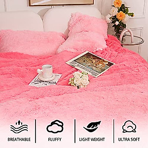greenoak Duvet Cover Queen Size, Fluffy Luxury Plush Shaggy Duvet Cover Sets Velvet Bedding (1 Faux Fur Duvet Cover + 2 Pillowcases) Comforter Bed Sets 3 Pieces, Zipper Closure (Gradient Pink)