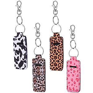 10 Pieces Cow Print Lipstick Holder Lipstick Holder Keychain Sleeve Lipstick Pouch Lip Balm Holder Sleeve with 10 Metal Key Chains to hold Travel Daily Accessories, Leopard Style