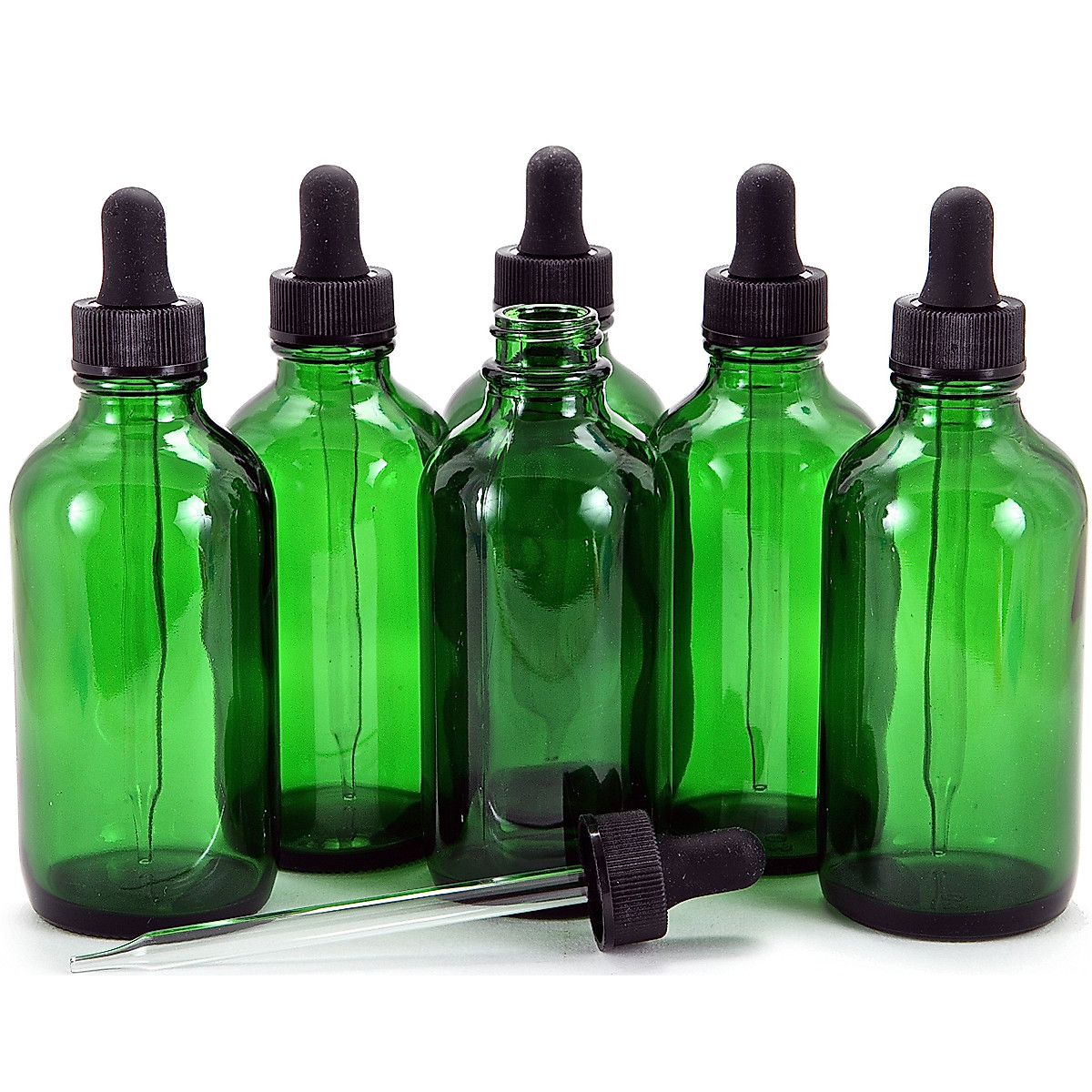 Vivaplex, 6, Green, 4 oz Glass Bottles, with Glass Eye Droppers