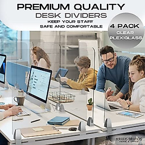 4 Pack - Desk Divider Office Partitions - Crystal Clear Acrylic Plexiglass. Adjustable Silver Clamps Included. Desk Divider for Schools or Offices. Clear Plexiglass Sneeze Guard, 22x22 inches.