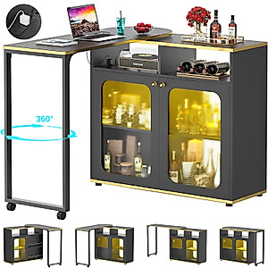 Cyclysio 360° Rotating Bar Cabinet, 59" Home Bar with LED Light & Charging Station, Double-Sided Foldable Liquor Wine Cabinet with Storage for Bar, Liquor, Coffee, Dining, Working, Black