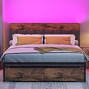 LIKIMIO Full Bed Frame with Storage Headboard, Drawers, LED Light, Charging Station, Sturdy, Noiseless, No Need Box Spring, Easy to Assemble
