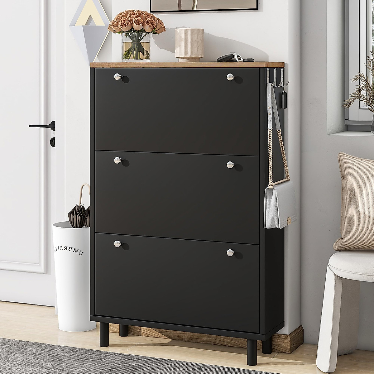 YardGo Shoe Storage Cabinet with 3 Flip Drawers Freestanding Shoe Cabinet for Entryway, Narrow Hidden Shoe Organizer Rack Tipping Bucket Shoe Organiazer for Hallway, Black