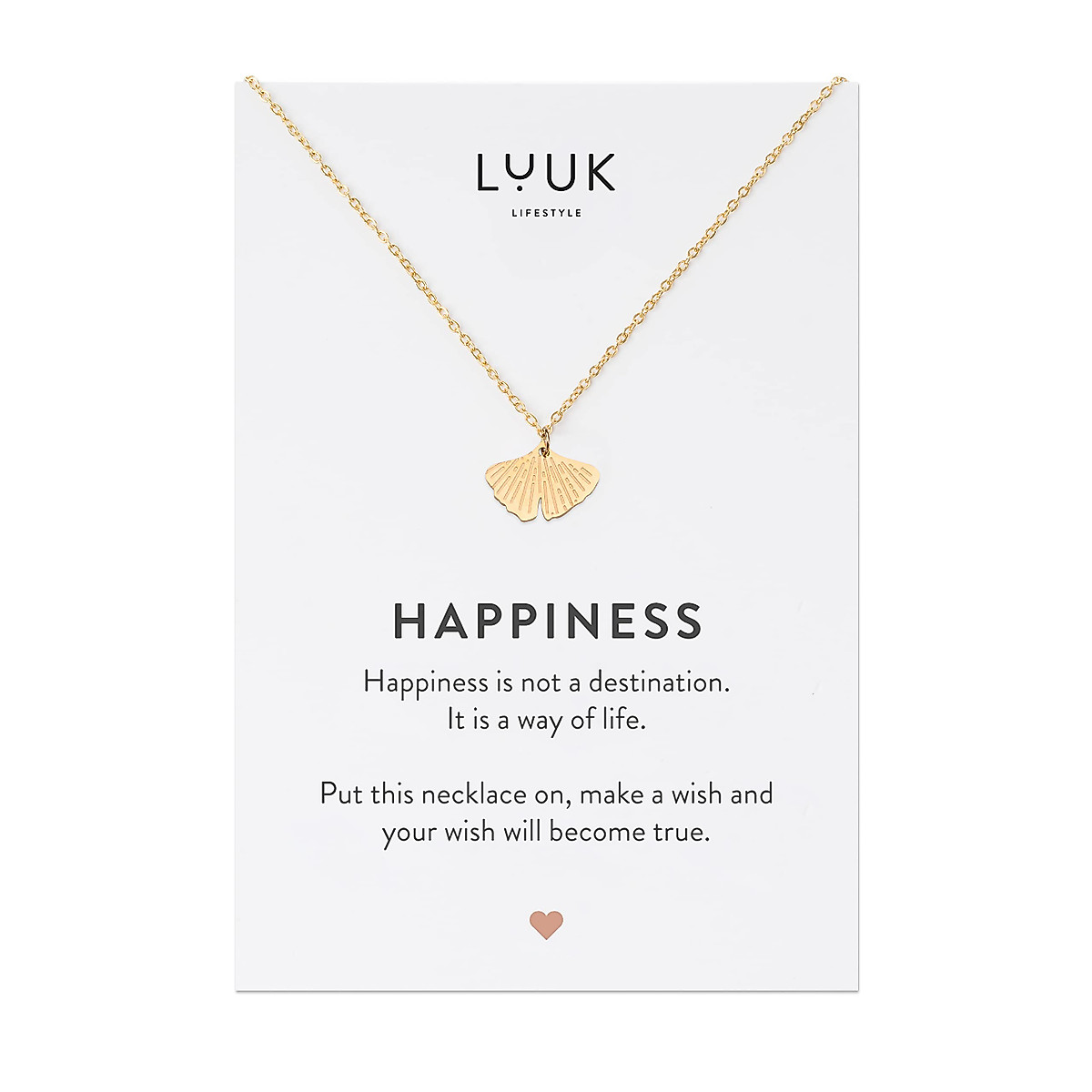 LUUK LIFESTYLE Necklace for women with ginkgo leaf pendant and HAPPINESS gift card, modern and minimalist fashion accessory, jewelry for everyday wear, good luck charm, zen yoga gift, gold