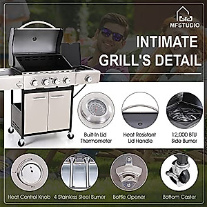 MFSTUDIO 4 Burner Propane Gas BBQ Grill with Side Burner and Porcelain-Enameled Cast Iron Grates, 42,000BTU Outdoor Patio Garden Barbecue Grill, Stainless Steel