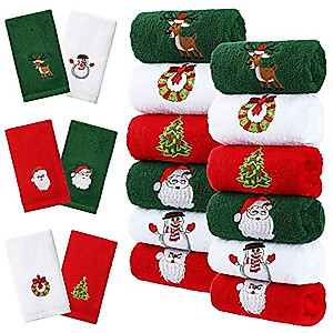 Macarrie 12 Pcs Christmas Hand Towels Christmas Santa Reindeer Snowman Tree Embroidered Bathroom Kitchen Cotton Towels Absorbent Christmas Towels Christmas Washcloths, 13 x 18 Inch (Fresh Style)