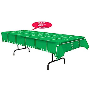 Football Party Supplies - Metallic Hanging Football Whirls and Green Football Field Table Cover With Yard Lines
