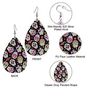 Zokola Day Of The Dead Leather Drop Earrings Set, Mexican Sugar Skull Flowers Black Lightweight Teardrop Earrings Leather Dangle Earrings For Women Friends Wedding Jewelry