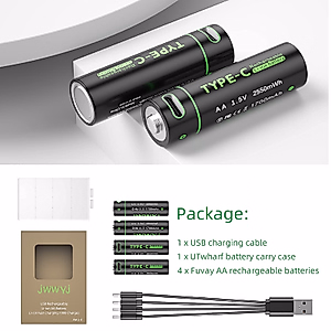 AA Lithium Rechargeable Batteries - 4Pack Smart Rechargeable AA Batteries by JWWYJ,Lithium Ion 1.5v 2550 mWh, Type C Battery Charging Cable, LED Charge Indicator
