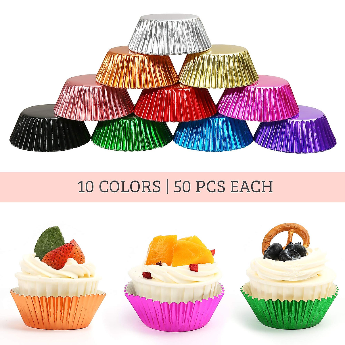 LotFancy Foil Cupcake Liners, 500pc Standard Size Muffin Liners, Metallic Cupcake Wrappers, Disposable Baking Cups Paper for Wedding, Birthday, Party, Baby Shower Boy Girl, 10 Colors