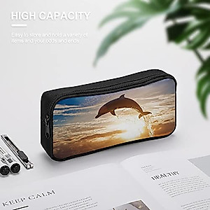 Dolphin Jumping Sea Surface at Sunset Pencil Case Pencil Pouch Coin Pouch Cosmetic Bag Office Stationery Organizer