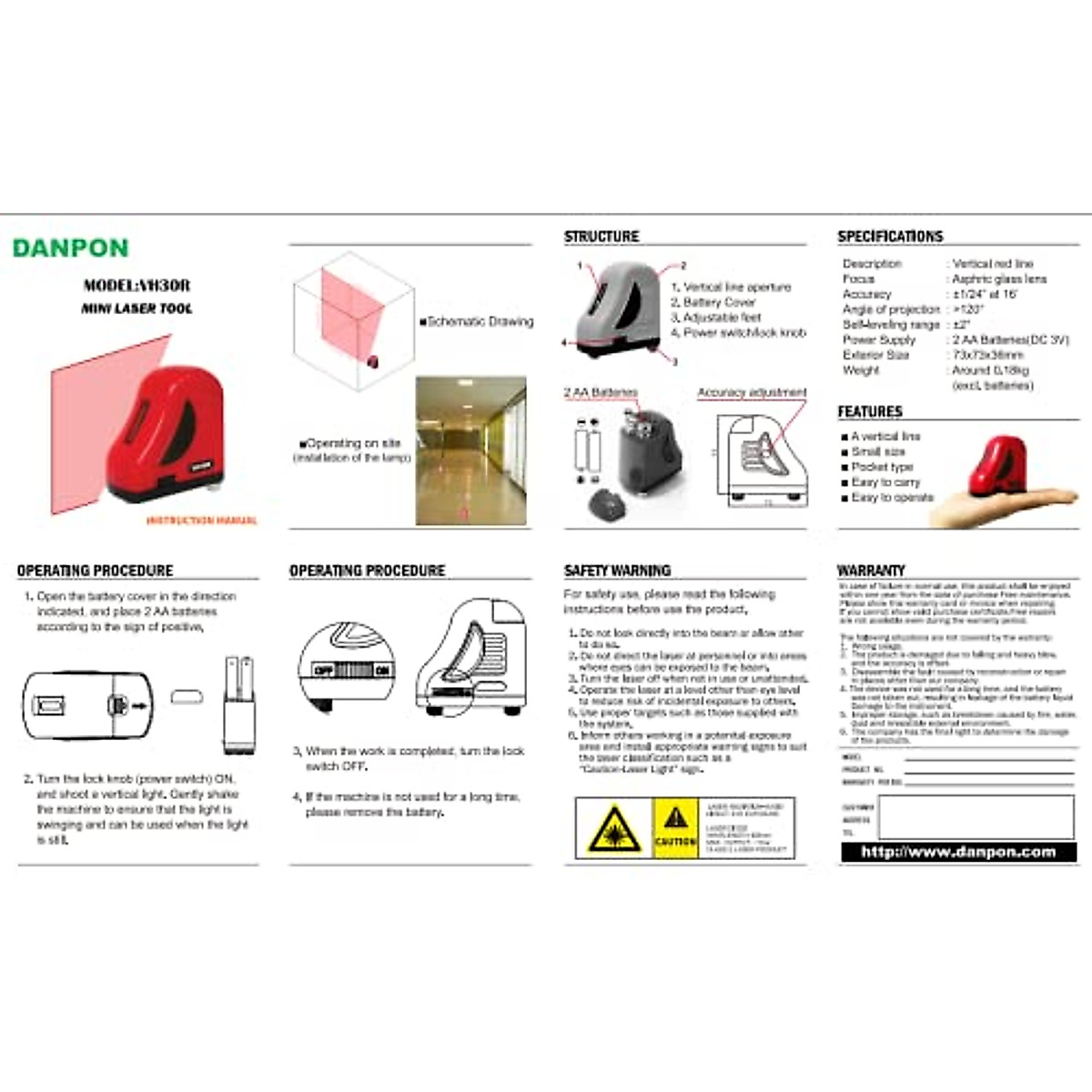 Danpon Laser Level One Red Vertical Line,Small,High Brightness,Projection Angle Greater than 120°,All Laser Modules are Assembled with Aspheric Glass Lens,VH-30R