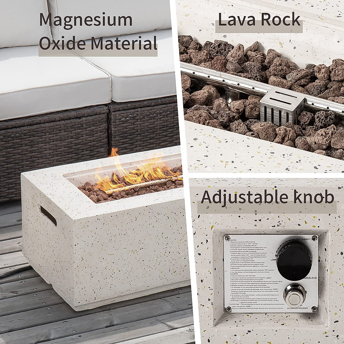 SUNBURY Outdoor 42 Inch Propane Fire Pit Table, Rectangular Fire Table, 40,000 BTU Spotted White Patio Gas Fire Table w Lava Rocks, Waterproof Cover
