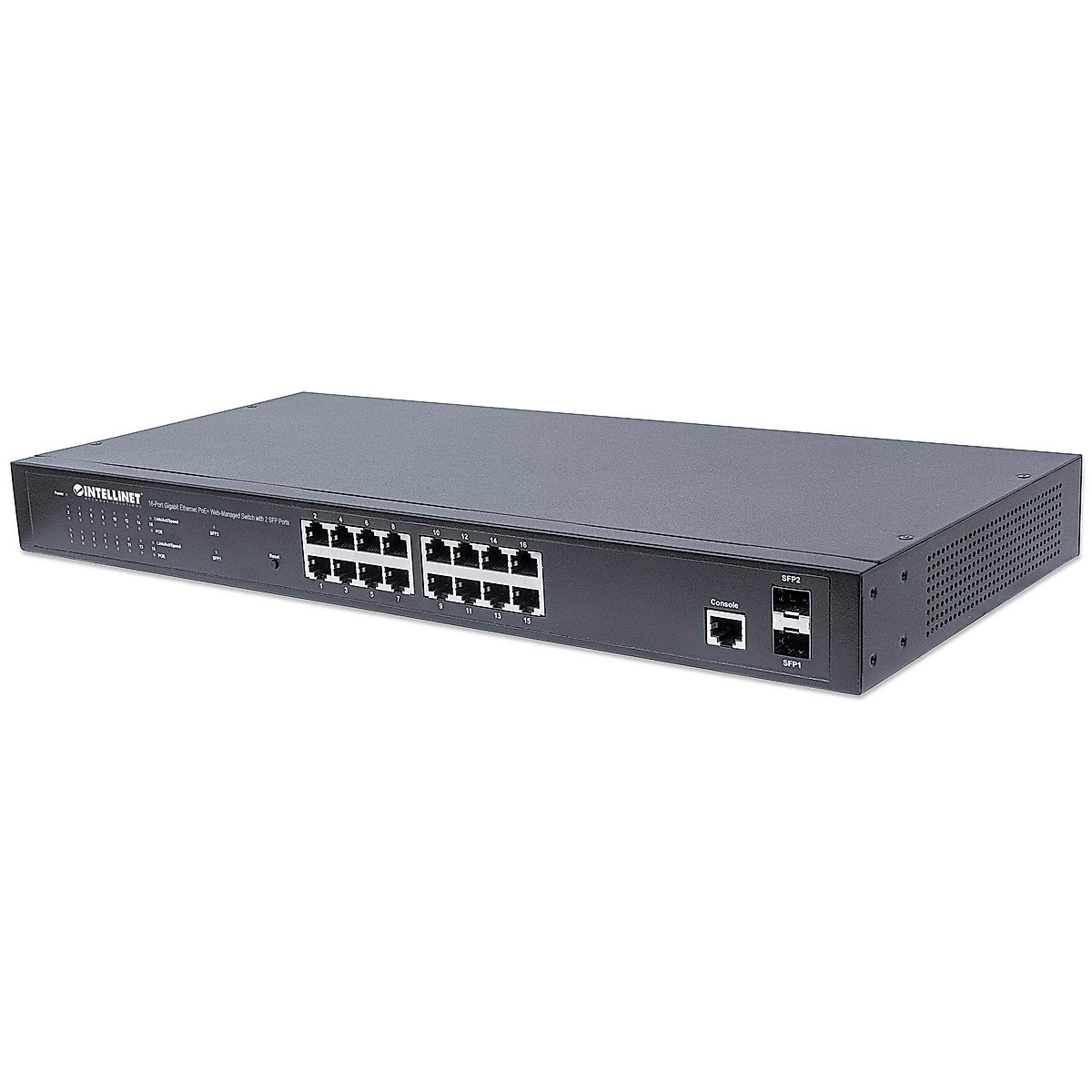 Intellinet 16 Port Gigabit Managed PoE Switch - POE Power Budget of 220W, 2 SFP Slots, Self-Healing, IPv4/v6, 19" Rackmount –3 Yr Mfg Warranty- 561341