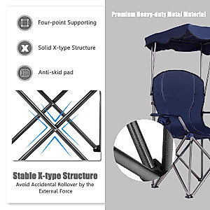 GYMAX Canopy Camping Chair, Folding Sport Chair with Sunshade & Carrying Bag, Portable Heavy Duty Chair for Beach, Poolside, Travel Picnic (Blue)