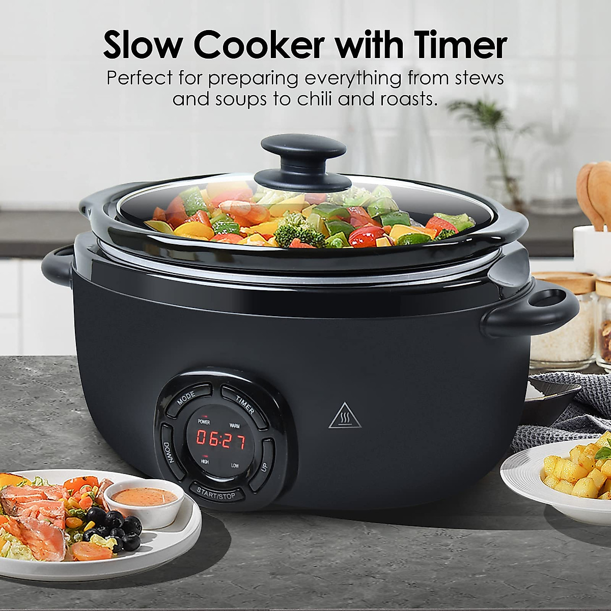 bathivy 7 Quart Slow Cooker, Electric Oval Programmable Slow Cooker with Nonstick Ceramic Pot, 3 Tempature Settings, Digital Countdown Timer, Keep Warm, Dishwasher Safe Glass Lid & Crock, Easy Carry Side Handles, Matte Black Powder Coating Housing