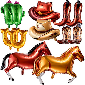 Hungdao 12 Pcs Western Themed Balloons Rodeo Balloons Cowboy Cowgirl Boots Hat Horse Cactus Horseshoe Balloons for First Rodeo Birthday Baby Shower Bachelorette Wedding Party Decor
