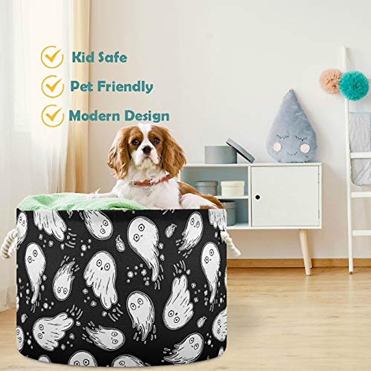 visesunny Collapsible Large Capacity Basket Ghost Cartoon Character Clothes Toy Storage Hamper with Durable Cotton Handles Home Organizer Solution for Bathroom, Bedroom, Nursery, Laundry,Closet