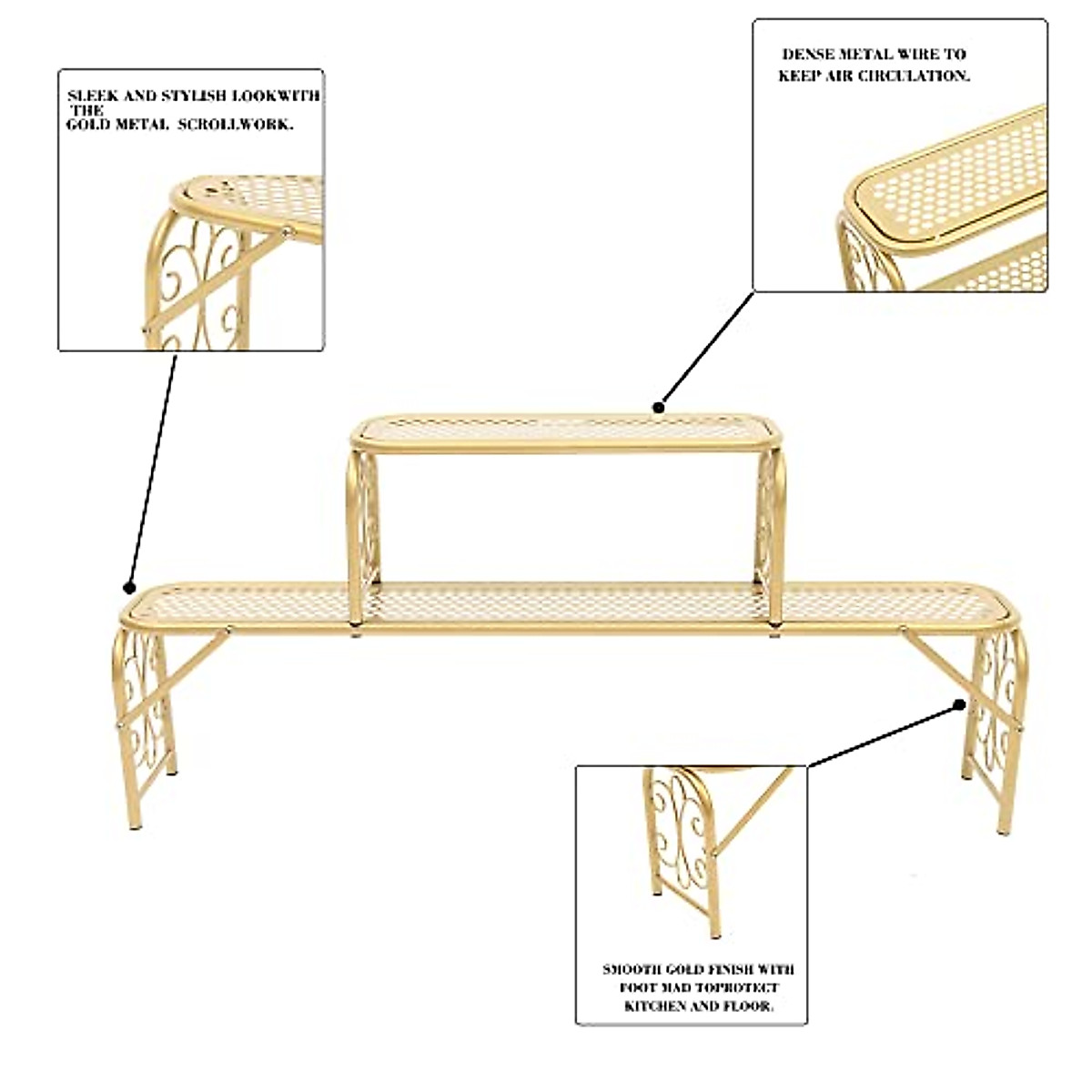 JEROAL Over Sink Organizer Shelf, 2 Tier Metal Kitchen Corner Rack, Bathroom Vanity Countertop Storage, Space Save Balcony Window Plant Shelf Riser with Scrollwork Design, Gold