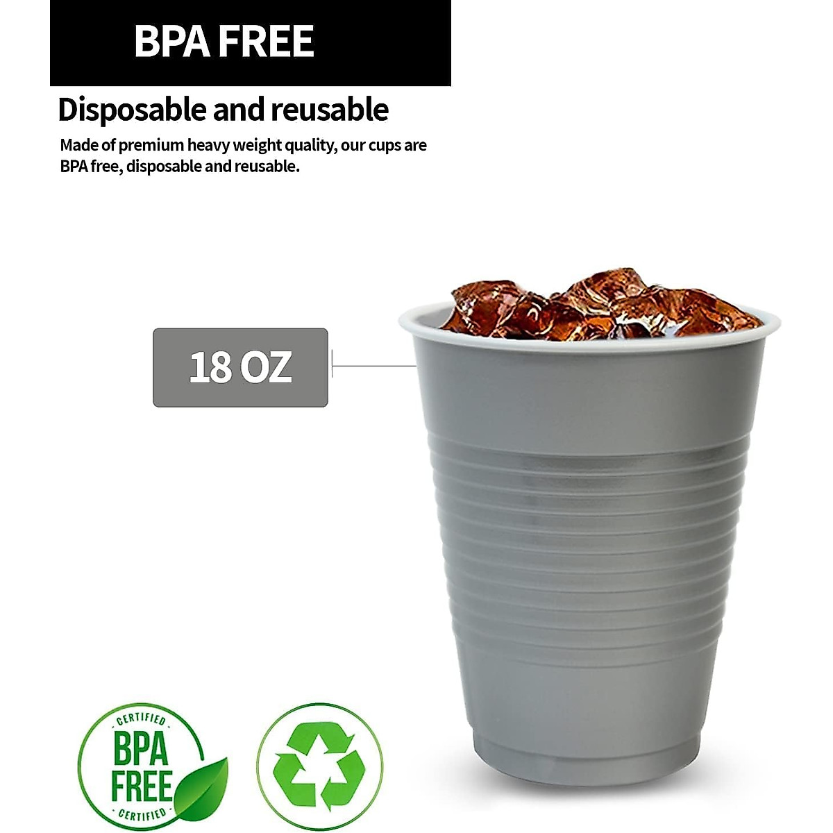 Silver Solid Color Premium Heavy Weight Plastic Cup (18 Oz.) 50 Count - Elegant & Durable, Perfect for Parties, Weddings & Everyday Use