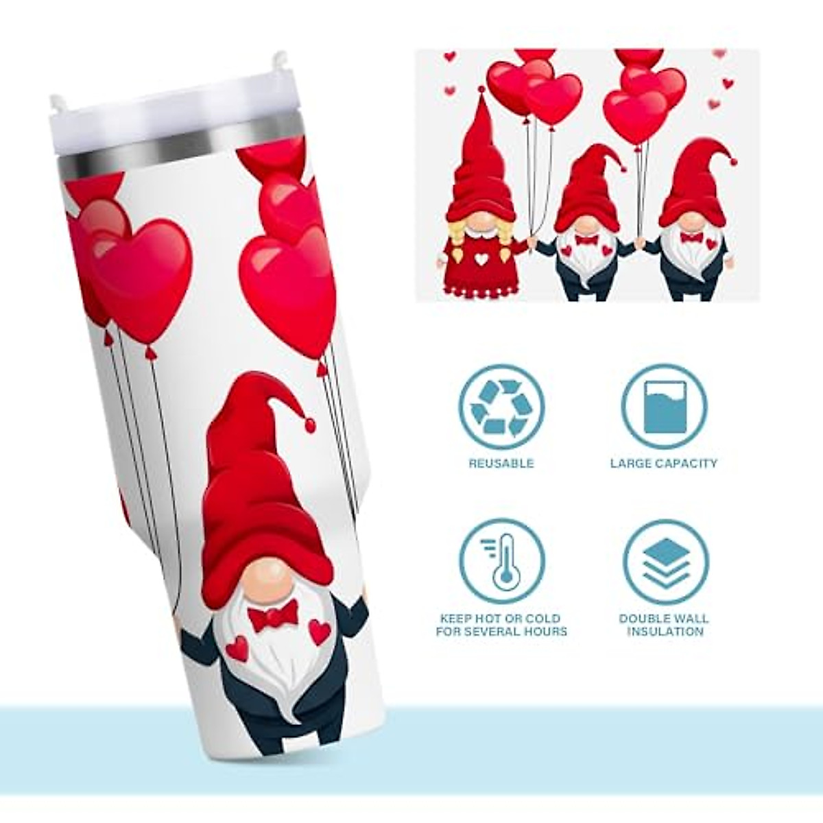 Cute Valentine's Gnome Stainless Steel Tumblers with Handle and Straw Lid for Water, Water Tumbler 30 OZ / 0.89 L