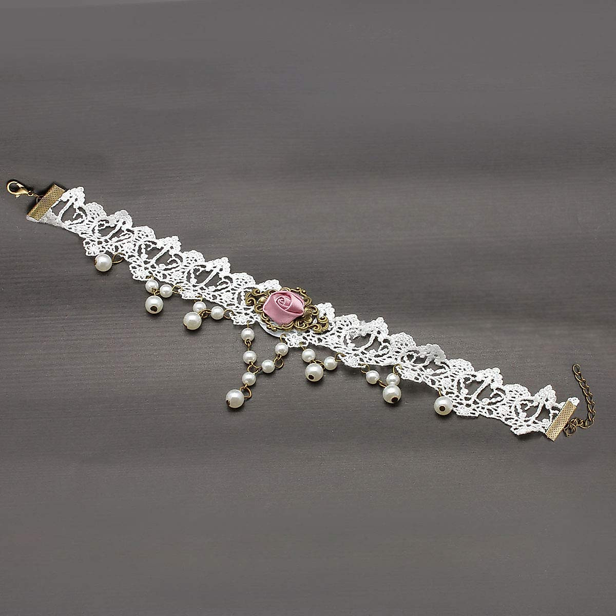 Eigso 2 Pcs White Lace Choker Bracelet Set for Women Vintage Punk Goth Necklace with Pink Rose Ring