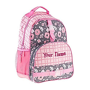 Stephen Joseph Personalized Backpack - Flowers Book Bag - Pink and Gray All Over Print - Kids Back to School Supplies - Vacation Daypack - Custom Name