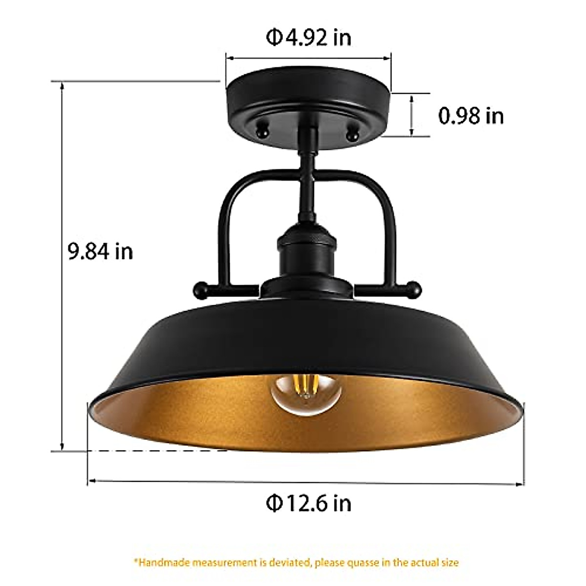 WNOMDY Industrial Metal Semi Flush Mount Ceiling Light Fixture,Farmhouse Lamp Black and Gold Close to Ceiling Light for Hallway Entryway Foyer Kitchen Island Living Room Bedroom,E26,12.6in