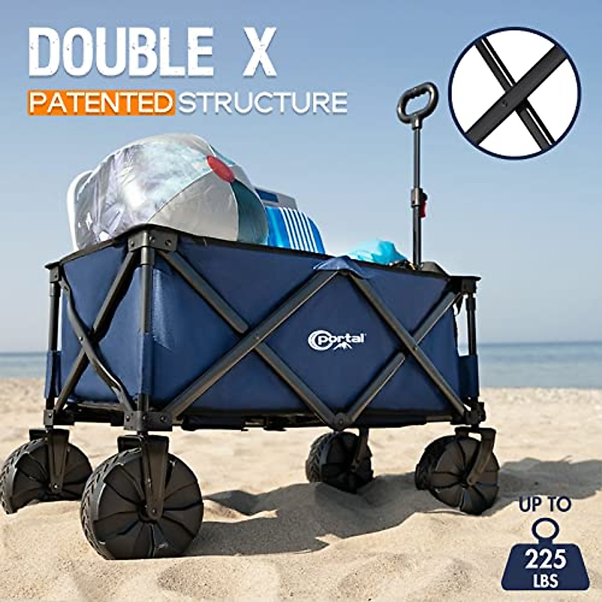 PORTAL Collapsible Folding Utility Wagon, Foldable Wagon Carts Heavy Duty, Large Capacity Beach Wagon with All Terrain Wheels, Outdoor Portable Wagon for Camping, Garden, Shopping, Groceries, Blue