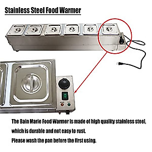 HQHAOTWU 6-Pan Electric Food Warmer Commercial Bain Marie Buffet Stainless Steel Soup Warmer Food Container Single-Row Pans for Catering Restaurant Canteen 7″×6.4″×6″ Pans