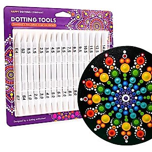 Dotting Tools for Painting Mandalas - Happy Dotting Company - 16pc Double Ended Super Set for Mandala dot Art - Includes Stylus - Unique Ellipse Tool - for Painting Rocks DIY Stone Craft and Canvas