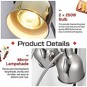 VIHOSE Food Heat Lamp Food Heat Preservation Lamp Commercial Food Warmer Light Portable Catering Heat Lamp for Restaurant Kitchen Food Heating Home Use Service Buffet, Dual Head, 250W Bulb, Silver