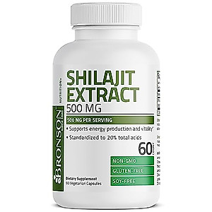 Bronson Shilajit Extract 500 MG Per Serving, Supports Energy Production & Vitality, Standardized to 20% Total Acids, Non-GMO, 60 Vegetarian Capsules