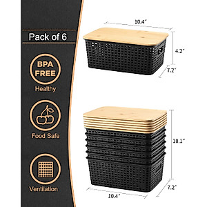 AREYZIN Storage Bins with Bamboo Lids Set of 6 Lidded Storage Container Plastic Baskets Organizer Bins for Organizing Kithen Room Bedroom Office Closet, Sturdy(Black)