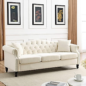 79" Velvet Chesterfield Sofa for Living Room,3 Seater Sofa Button Tufted Nailhead Trimming Curved Backrest Rolled Arms with Wood Legs with 2 Pillows,Bedroom,Office (Beige Velvet, 79*30*32")