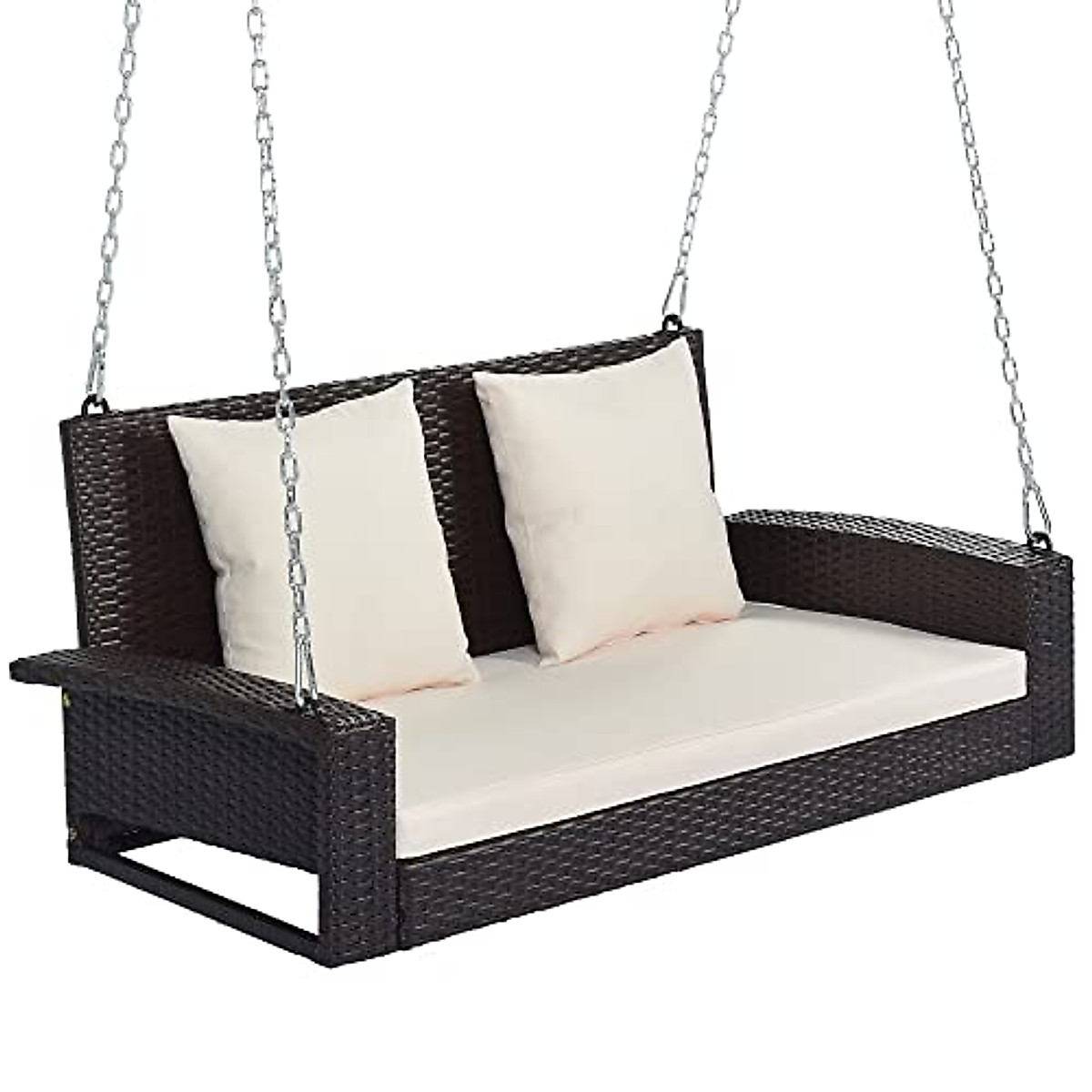 FANYE Outdoor PE Wicker Swing Chains, Pillows for Garden, Backyard, Pond Porch Furniture Set, 2 Seaters Double Rattan Cushioned Conversation Hanging Sofa & Couch, Brown+Beige